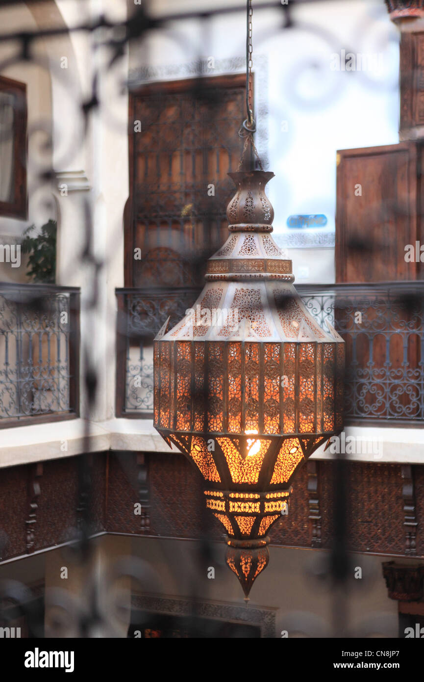 The courtyard of a riad or ryad, a traditional house for paying guests ...