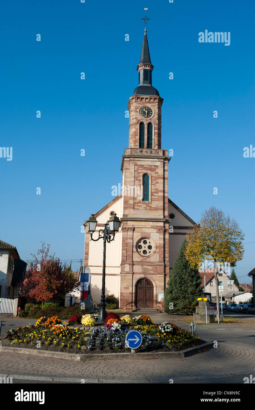 France, Bas Rhin, Boofzheim, Catholic church and central square of the ...