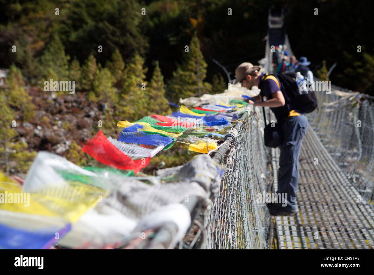 Prayer flags on a suspension bridge across the Dudh Kosi on the ...