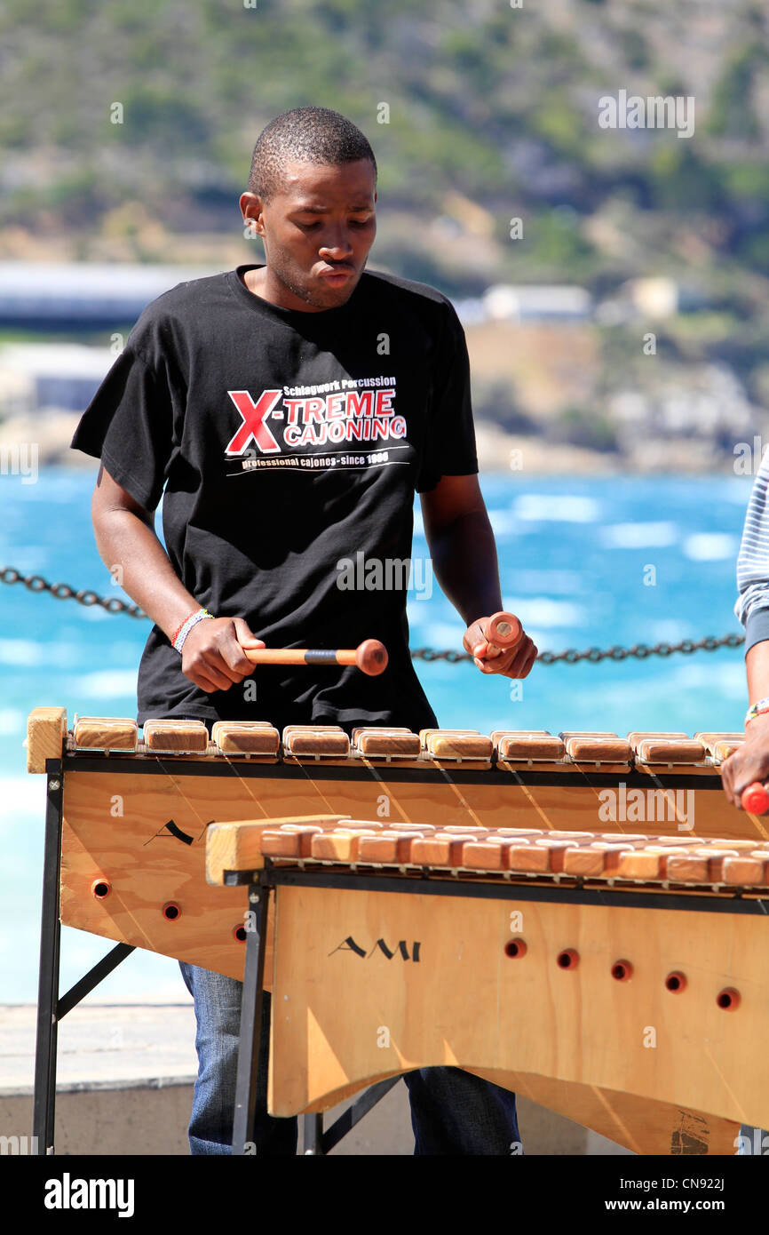 Musician playing on a xylophone at Hout Bay Harbour near Cape town ...