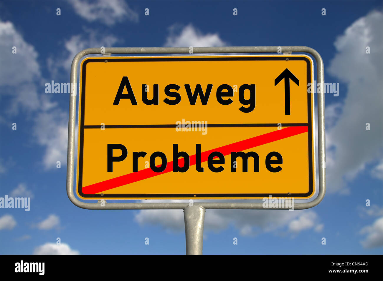 German road sign problems and way out with blue sky and white clouds ...