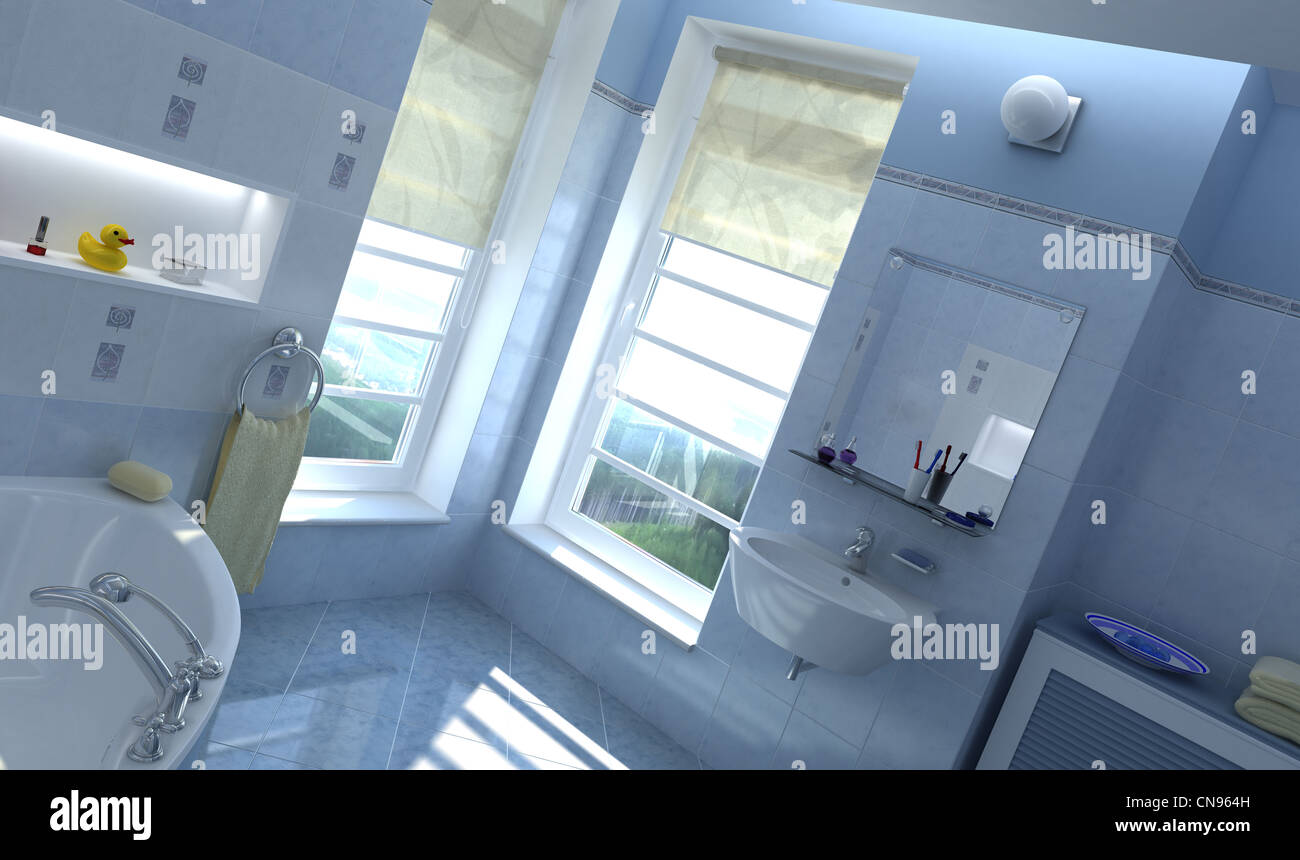 Contemporary bathroom. With windows and sun coming through Stock Photo ...