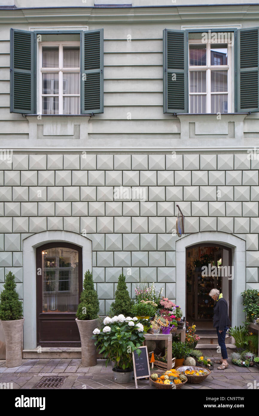 Slovakia, Bratislava, Historic neighborhood, Radnicna Street, a flower ...