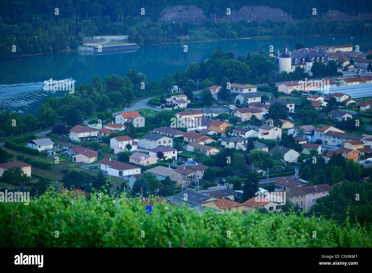 France, Rhone, Ampuis, the Rhone and Cote Rotie AOC vineyards Stock ...