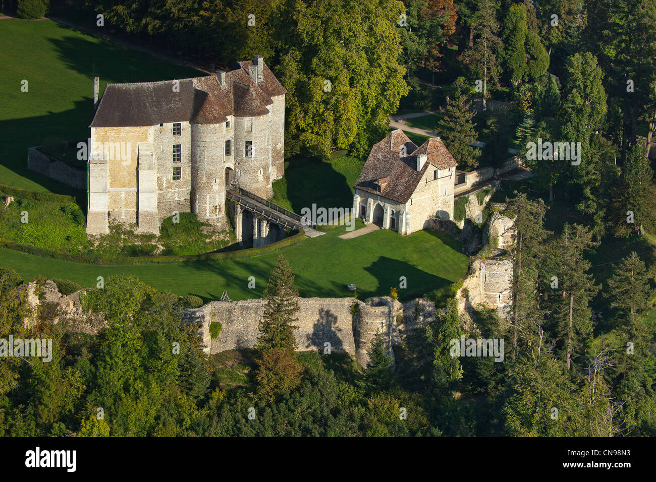 France, Eure, Chateau d'Harcourt, the 12th century fortress (aerial ...
