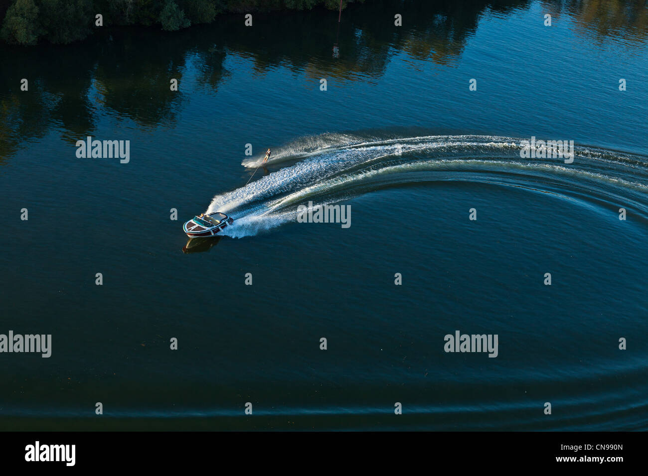 France, Eure, Tosny, water skiing on the Seine (aerial view Stock Photo ...