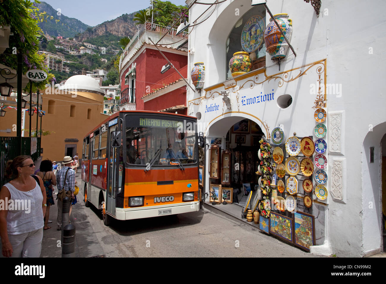 SITA-bus at a souvenir shop, village Positano, Amalfi coast, Unesco ...