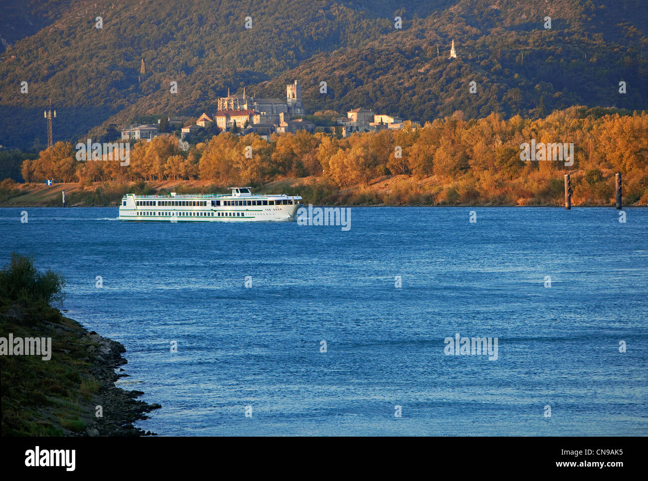 France, Ardeche, Viviers, Van Gogh cruise boat on the Rhone River ...