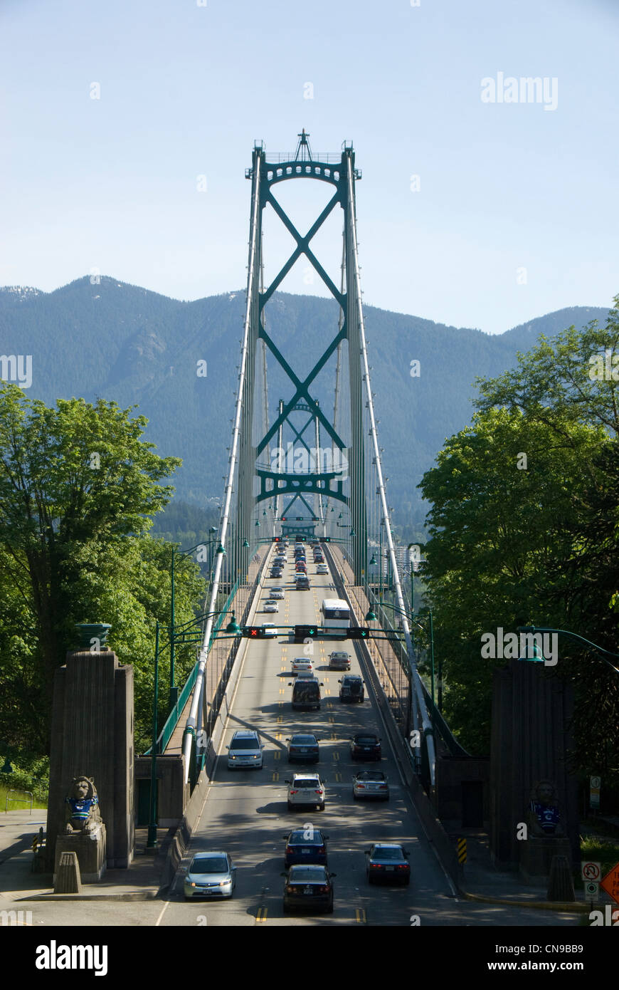 Traffic crossing suspension bridge, Vancouver, British Colombia, Canada ...