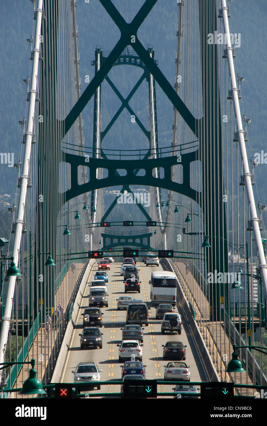 Traffic crossing suspension bridge, Vancouver, British Colombia, Canada ...
