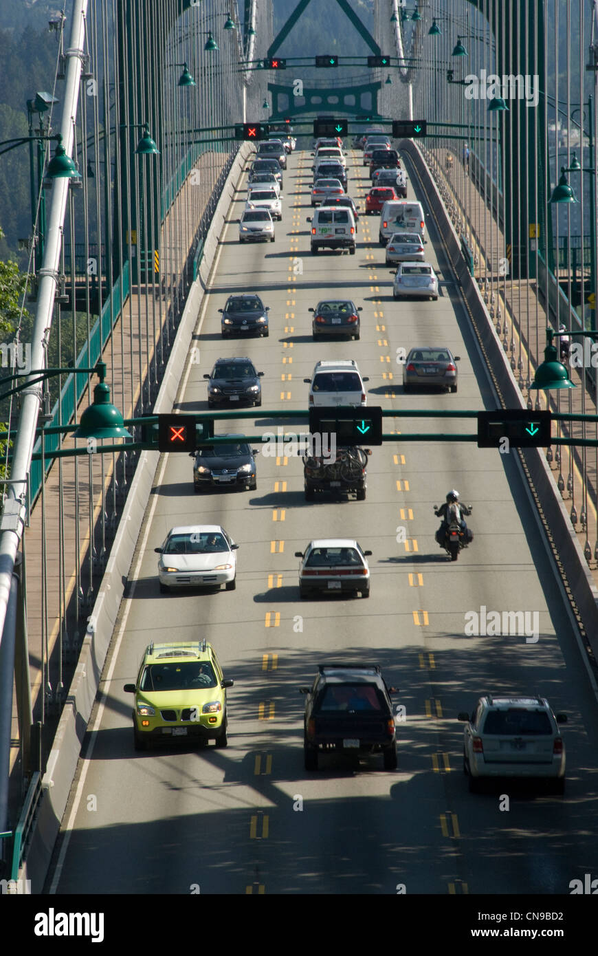 Traffic crossing suspension bridge, Vancouver, British Colombia, Canada ...