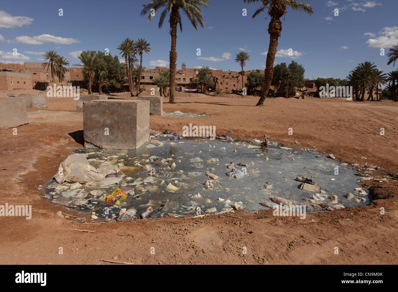 Polluted water hole outside a small village in the Draa Valley ...