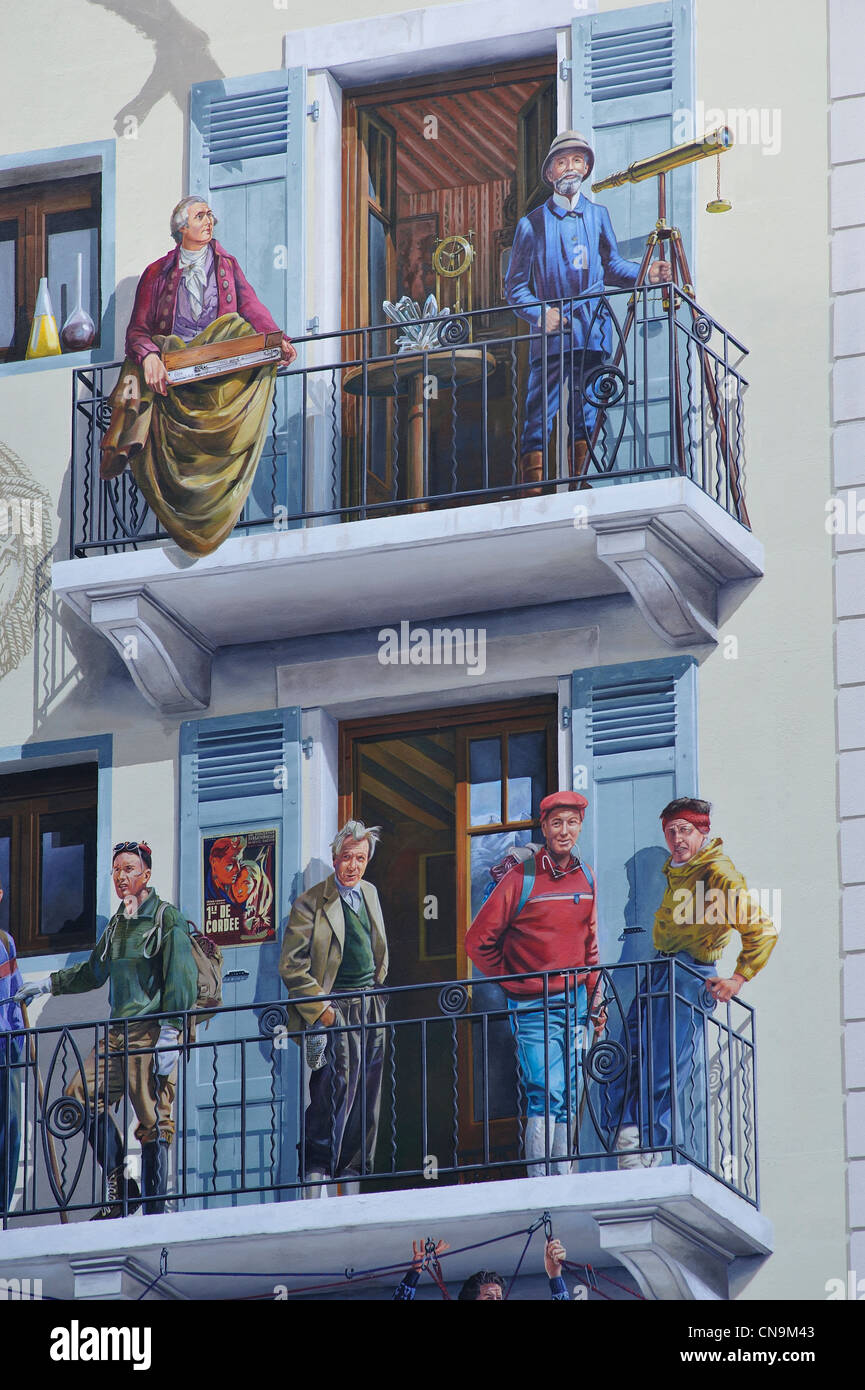 France, Haute Savoie, Chamonix, wall painting representing the Guides ...