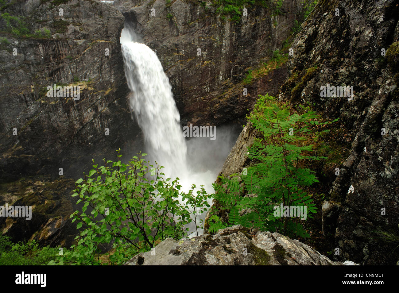 Norway, Rogaland County, Manafossen, a 100 meter high waterfall Stock ...