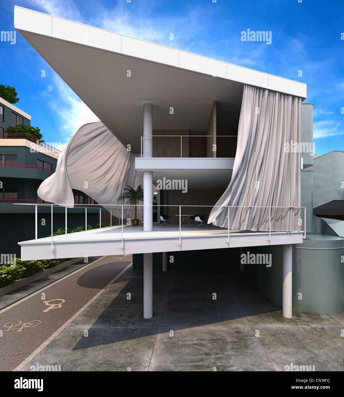 Modern house exterior with curtains blowing in the wind, In town street ...