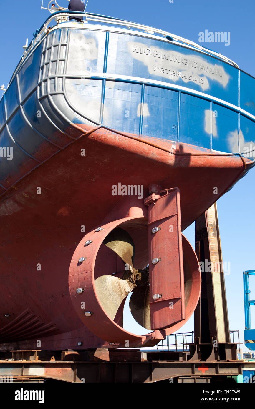 Trawler rudder and propeller blades in repair yards. Shipyards at ...