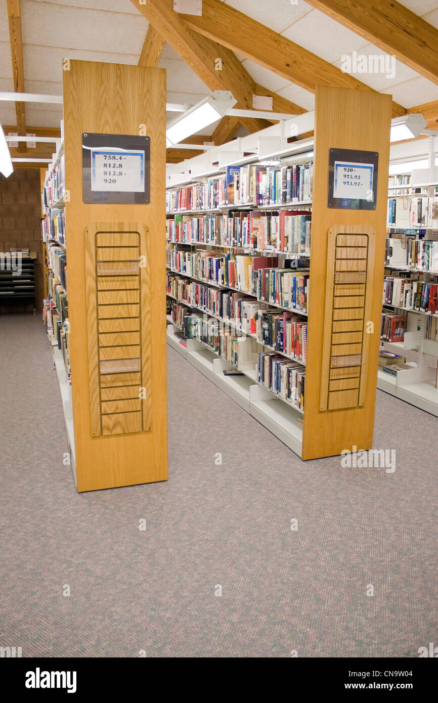 The aisles in a public library with shelves full of books Stock Photo ...