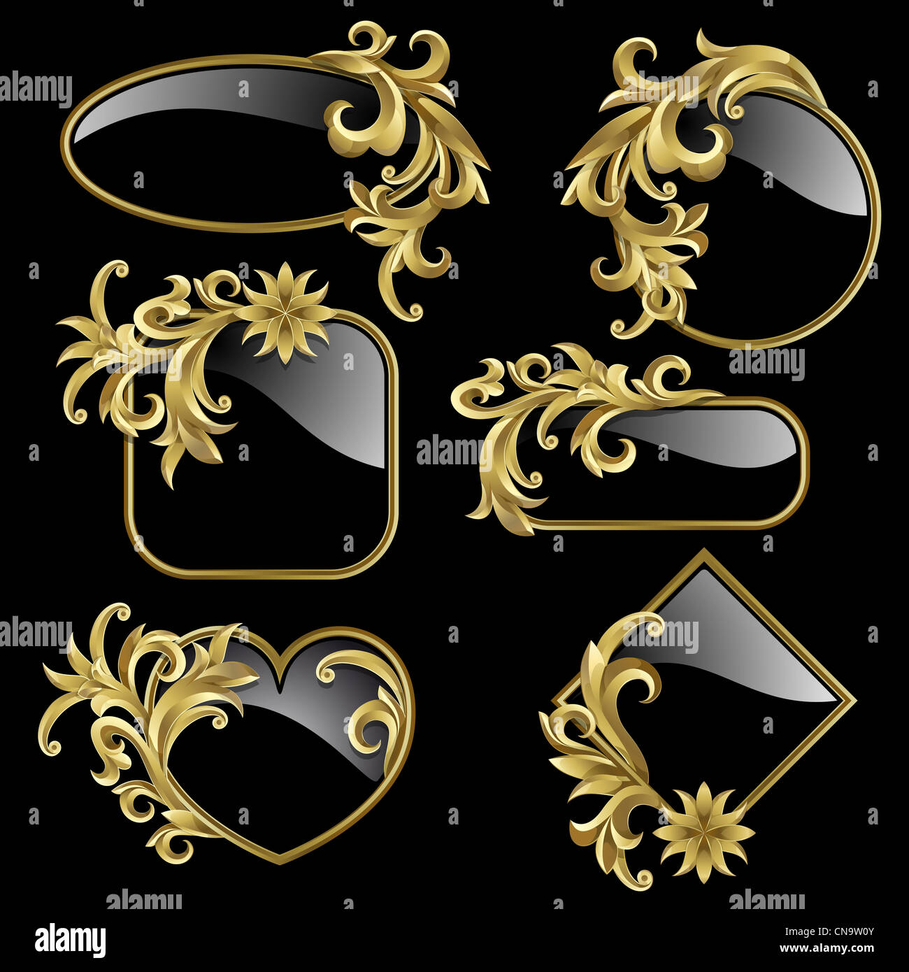 Set from gold frames with gold plants on the black background Stock ...