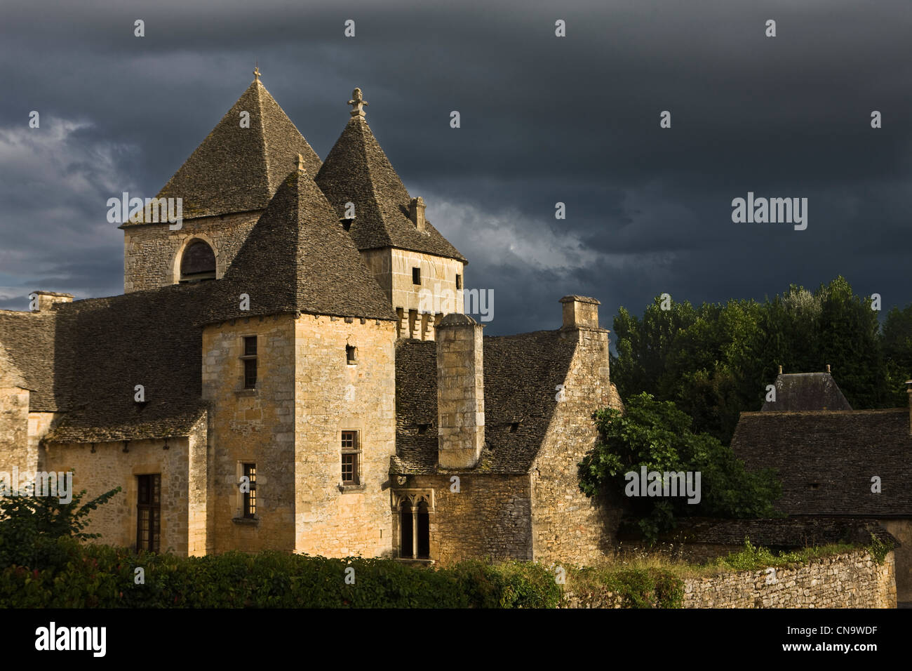France, Dordogne, Black Perigord, Saint Genies, roofs of the castle and ...