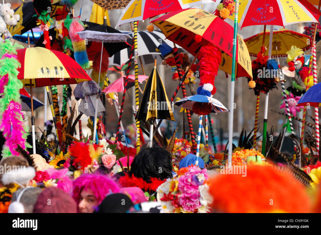 France, Nord, Dunkirk, carnival of Dunkirk, colorful umbrellas over the ...
