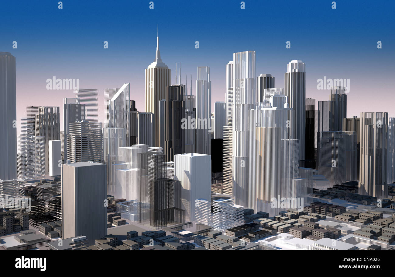 Modern cityscape in daylight. Close up view. Buildings are rendered as ...