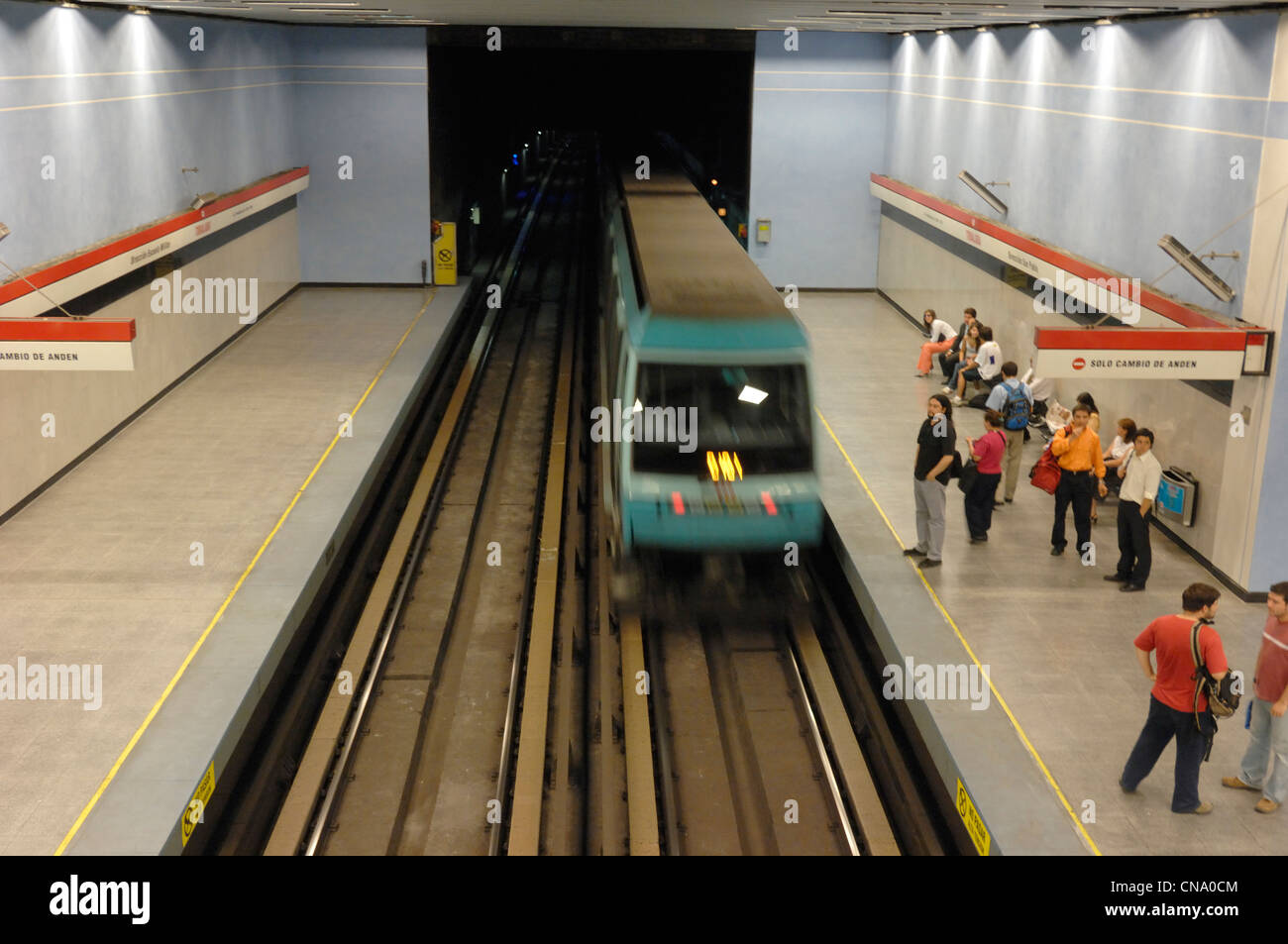 Chile, Santiago de Chile, subway train arriving in a subway station in ...