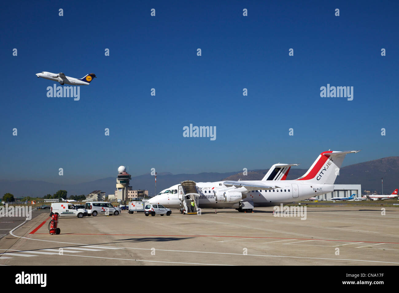 Cityjet aircraft on stand at Florence Airport, Tuscany, Italy, Europe ...