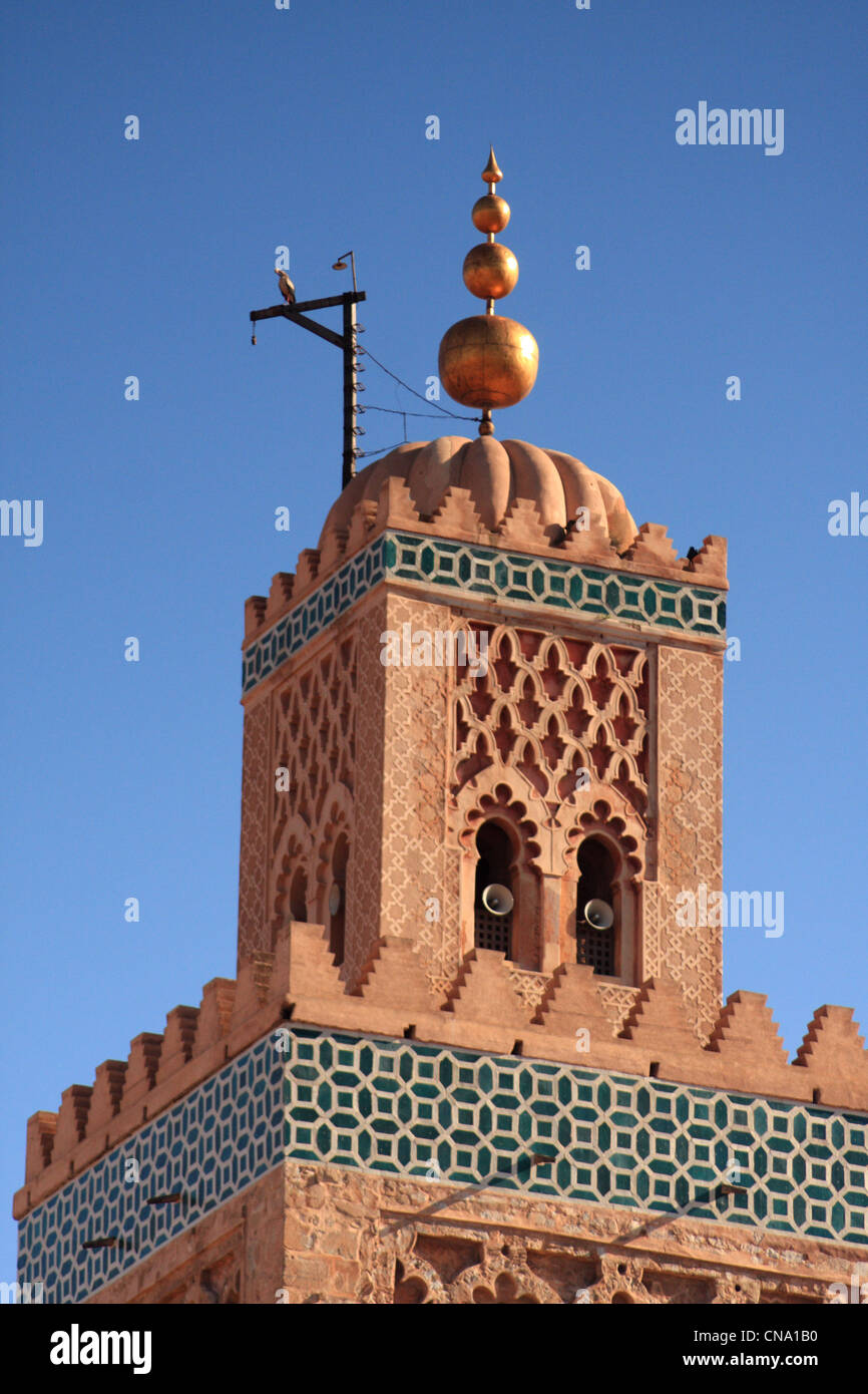 Detail of the minaret & three copper spheres & Islamic tilework (zellij ...