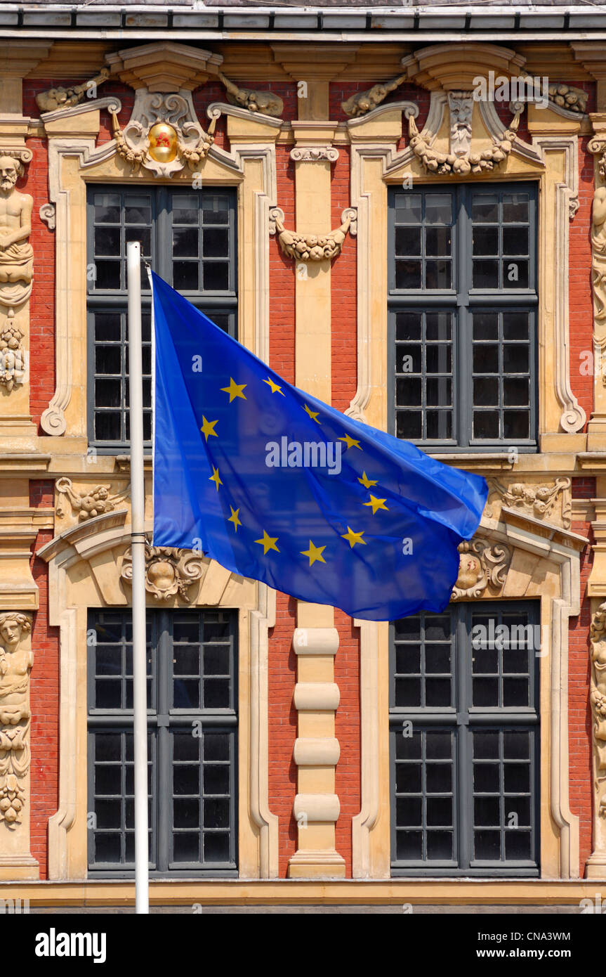 France, Nord, Lille, European flag in front of the old stock exchange ...