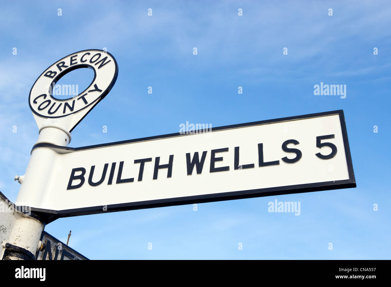 Old rural white signpost pointing to Builth Wells in Wales UK Stock ...