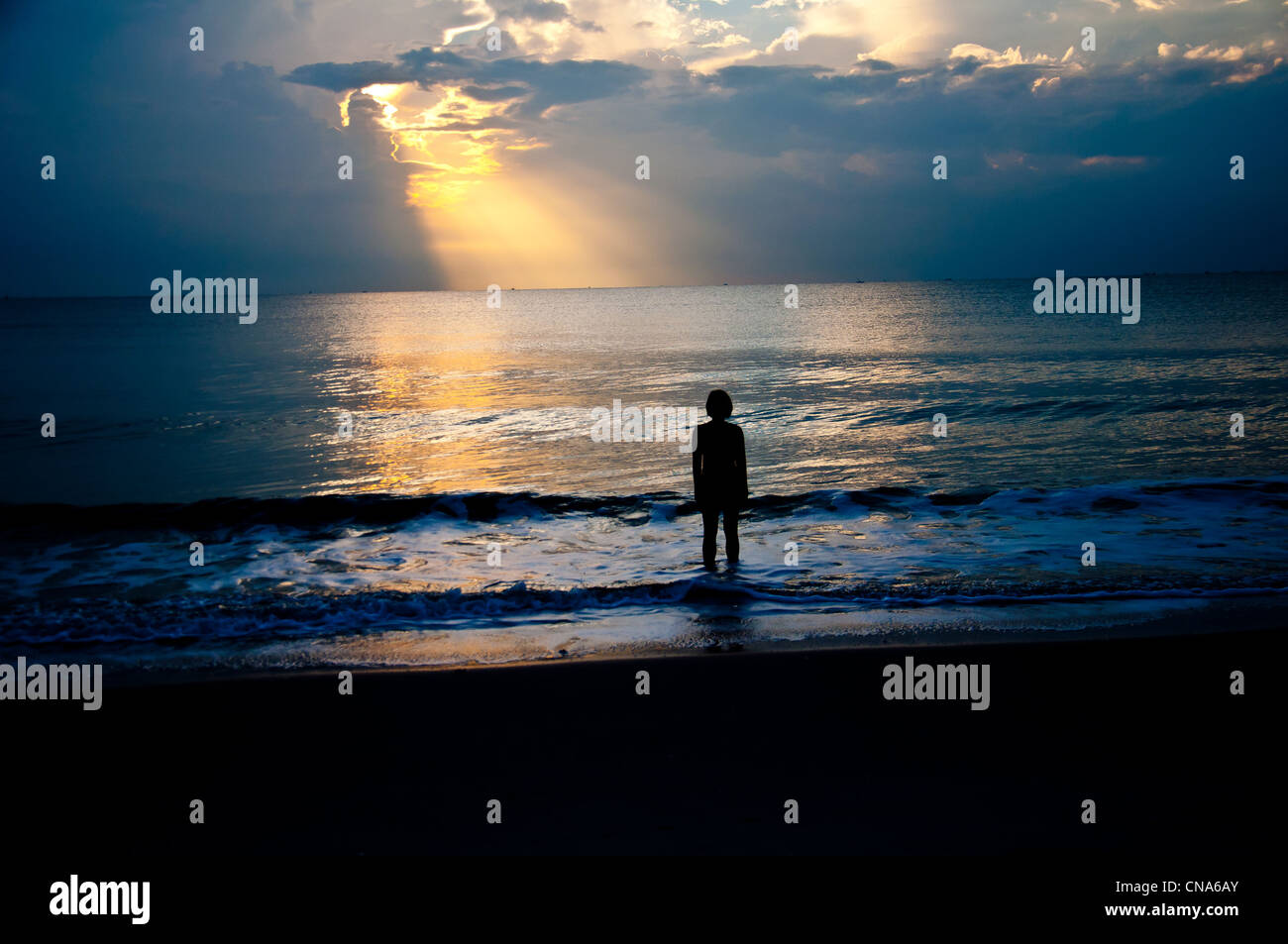 silhouette of girl look for hope in the sea Stock Photo - Alamy