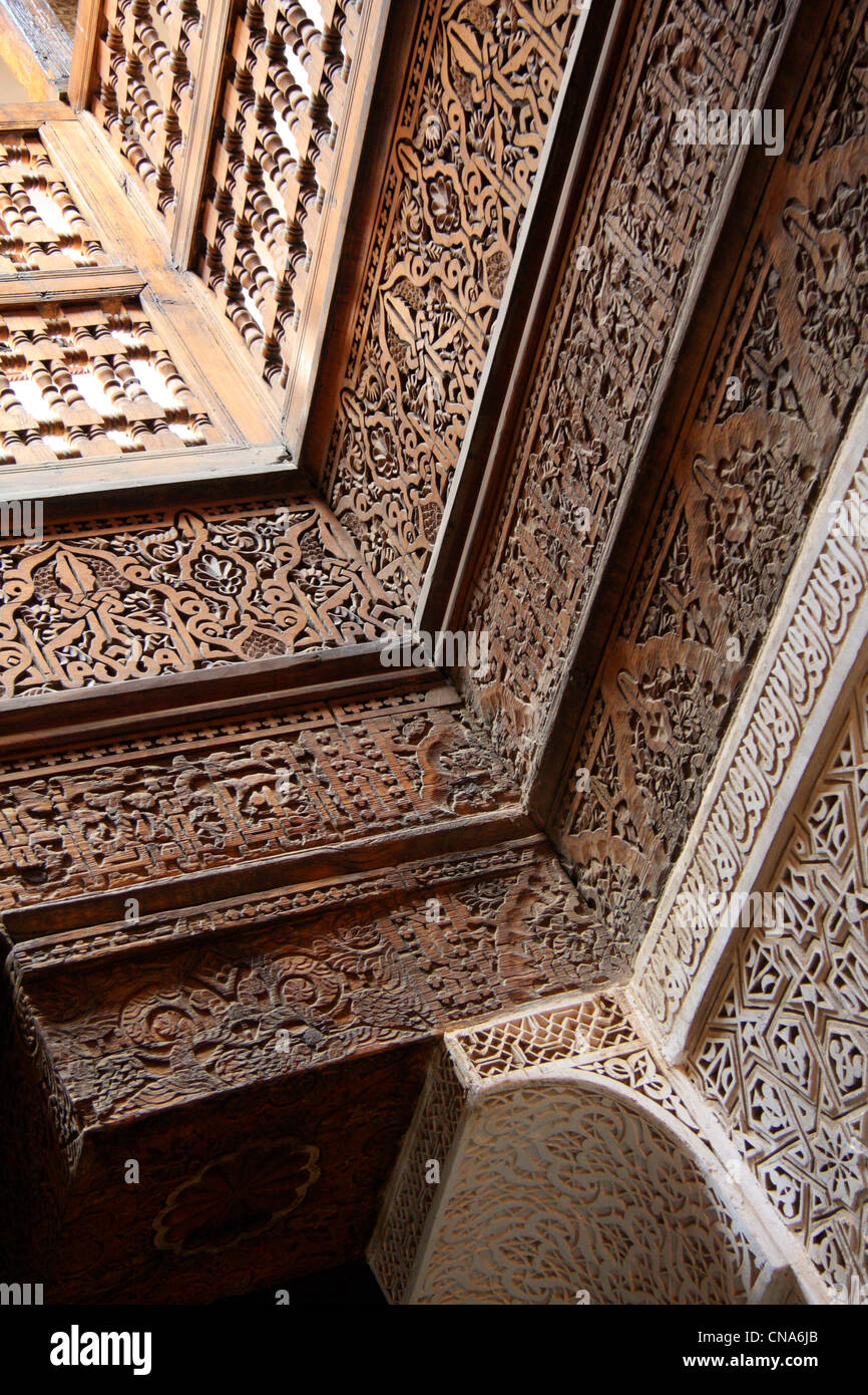 Detail of stucco and wood carving in the courtyard of Ali Ben Youssef ...