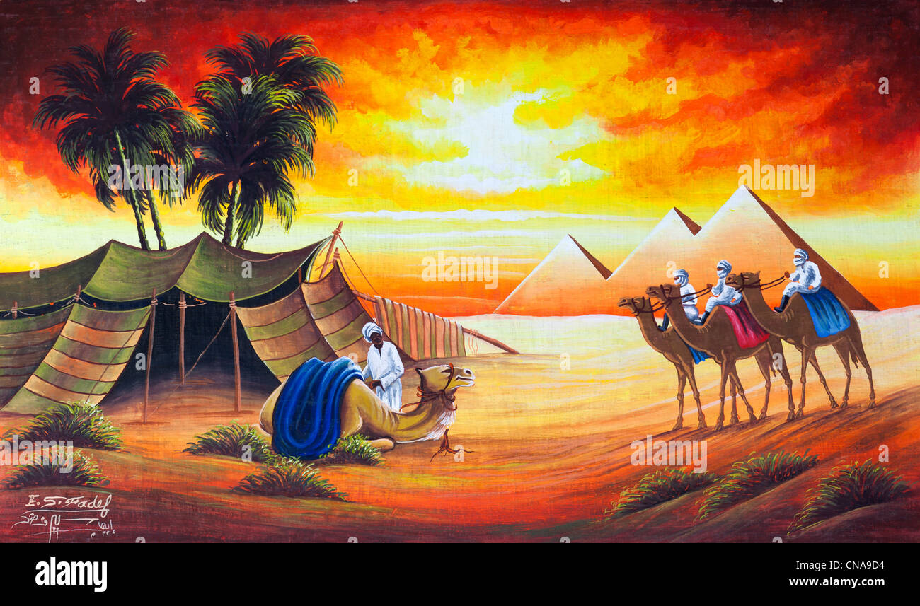 Egyptian desert scene, acrylic on papyrus paper Stock Photo - Alamy