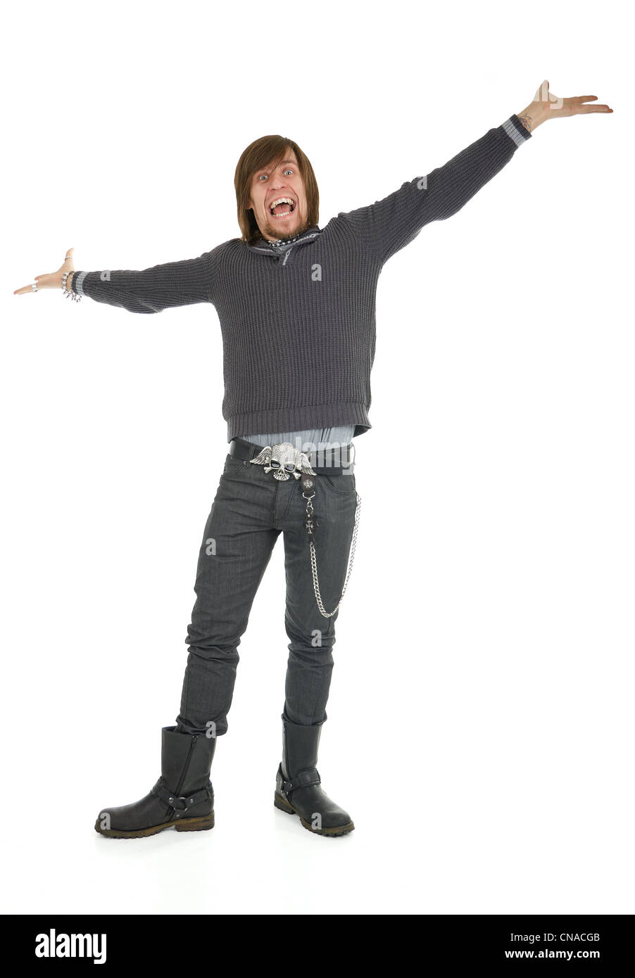 Cheerful man with funny expression and arms wide open on white ...