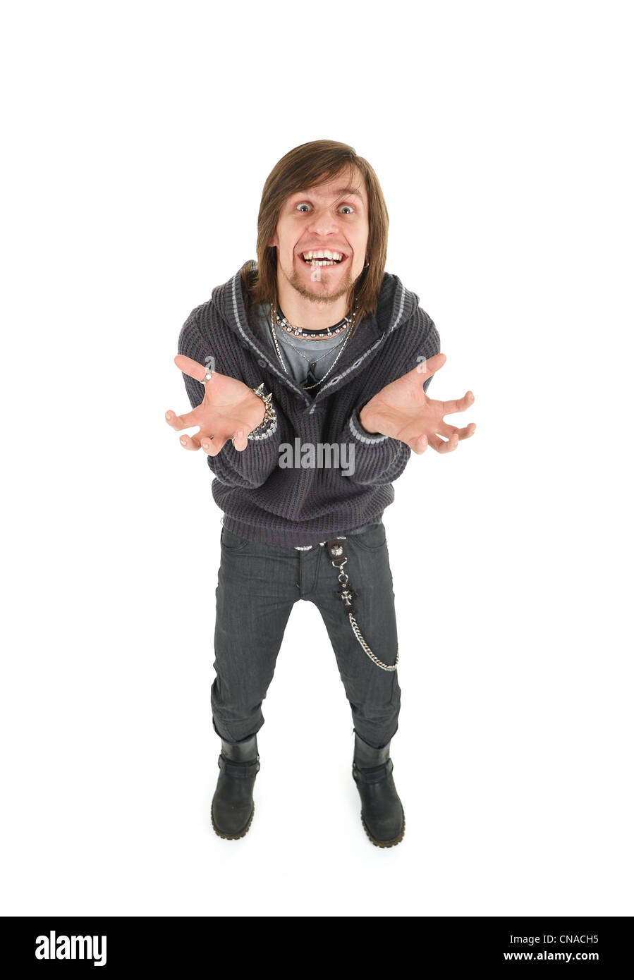 Full length shot of man with silly face expression taken by fisheye ...