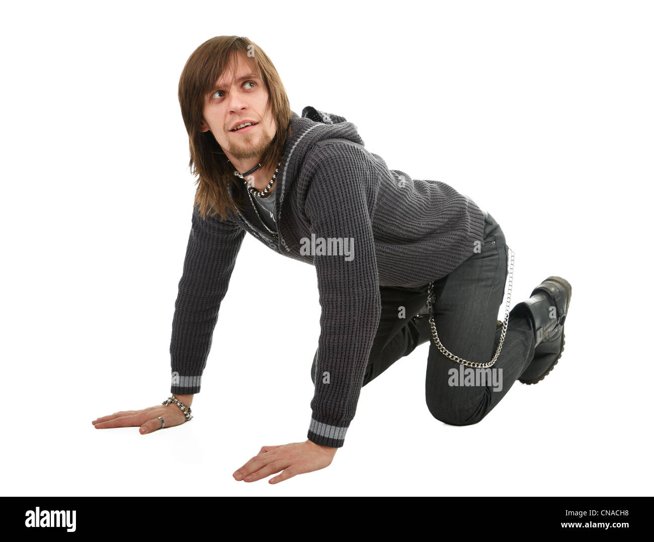 Man standing down on all fours on white background Stock Photo - Alamy