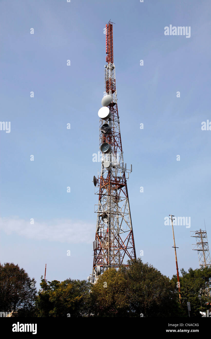 Telecommunications tower with telephone communications dishes on the ...