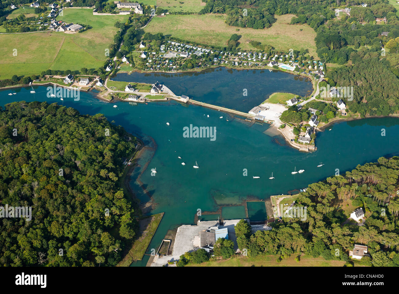 France, Morbihan, Carnac, Etang du Moulin du Lac impoundment (aerial ...