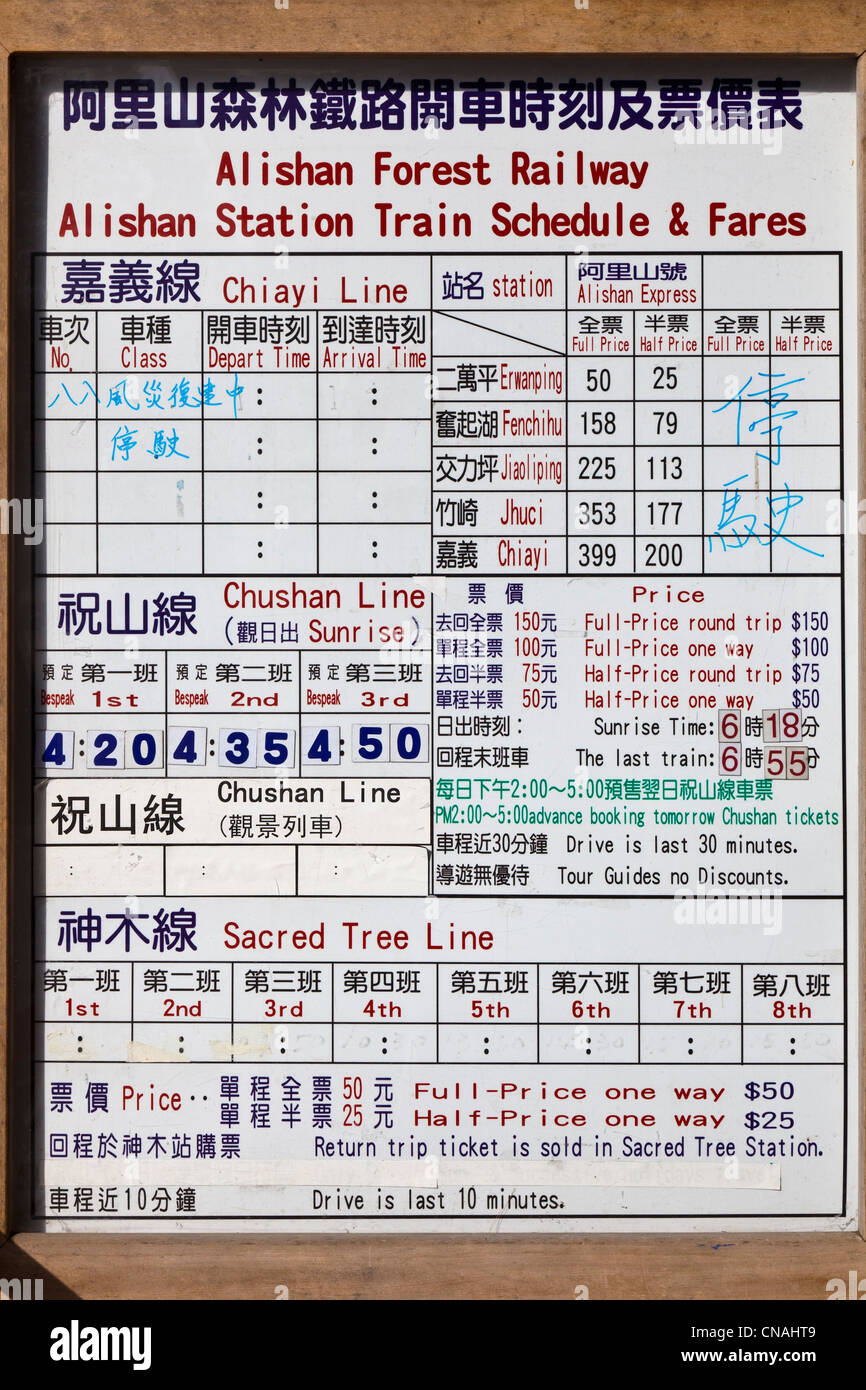 Alishan Forest Railway notice board at Alishan Station showing Train ...