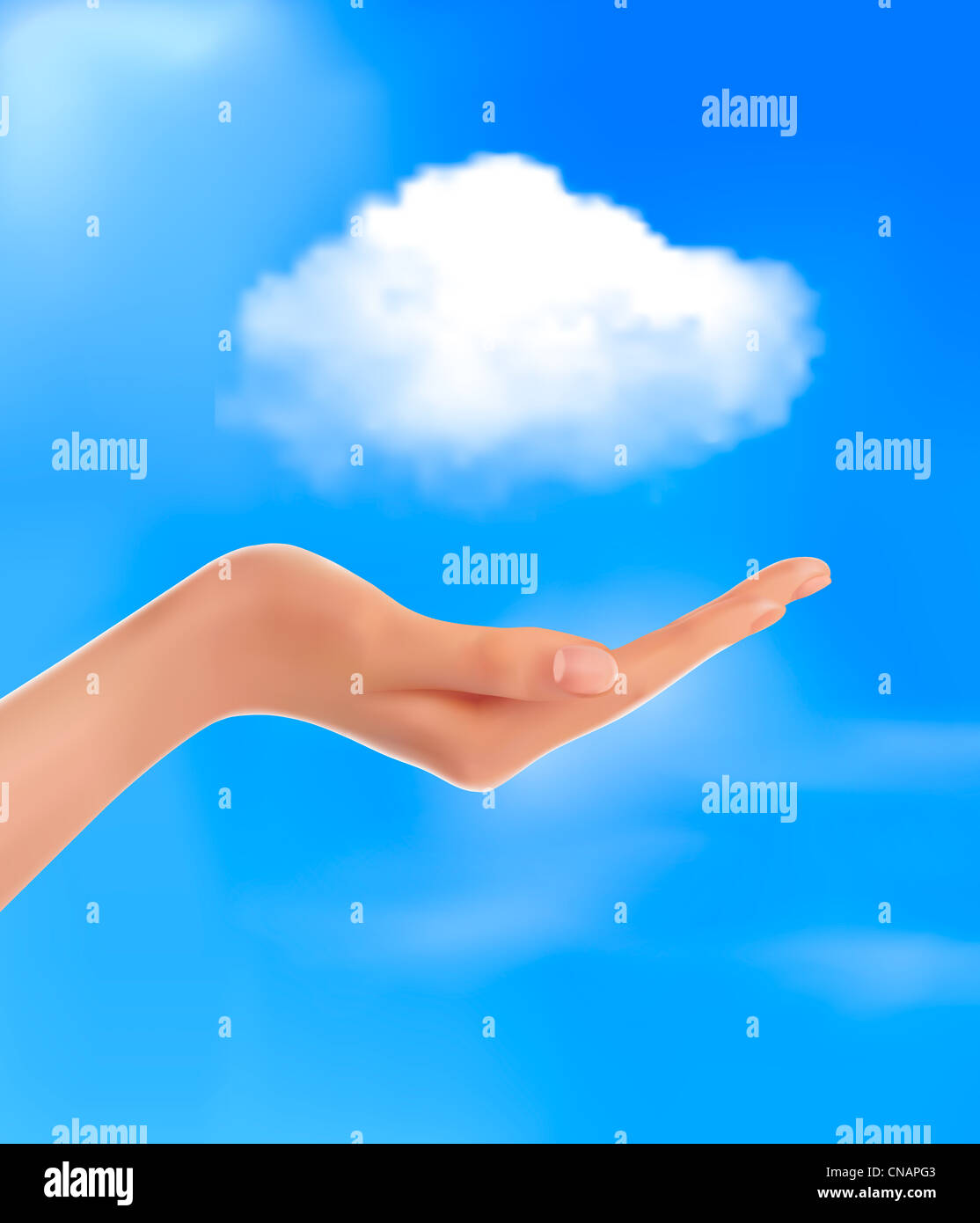 Cloud computing concept Hand with blue sky and white cloud Stock Photo ...