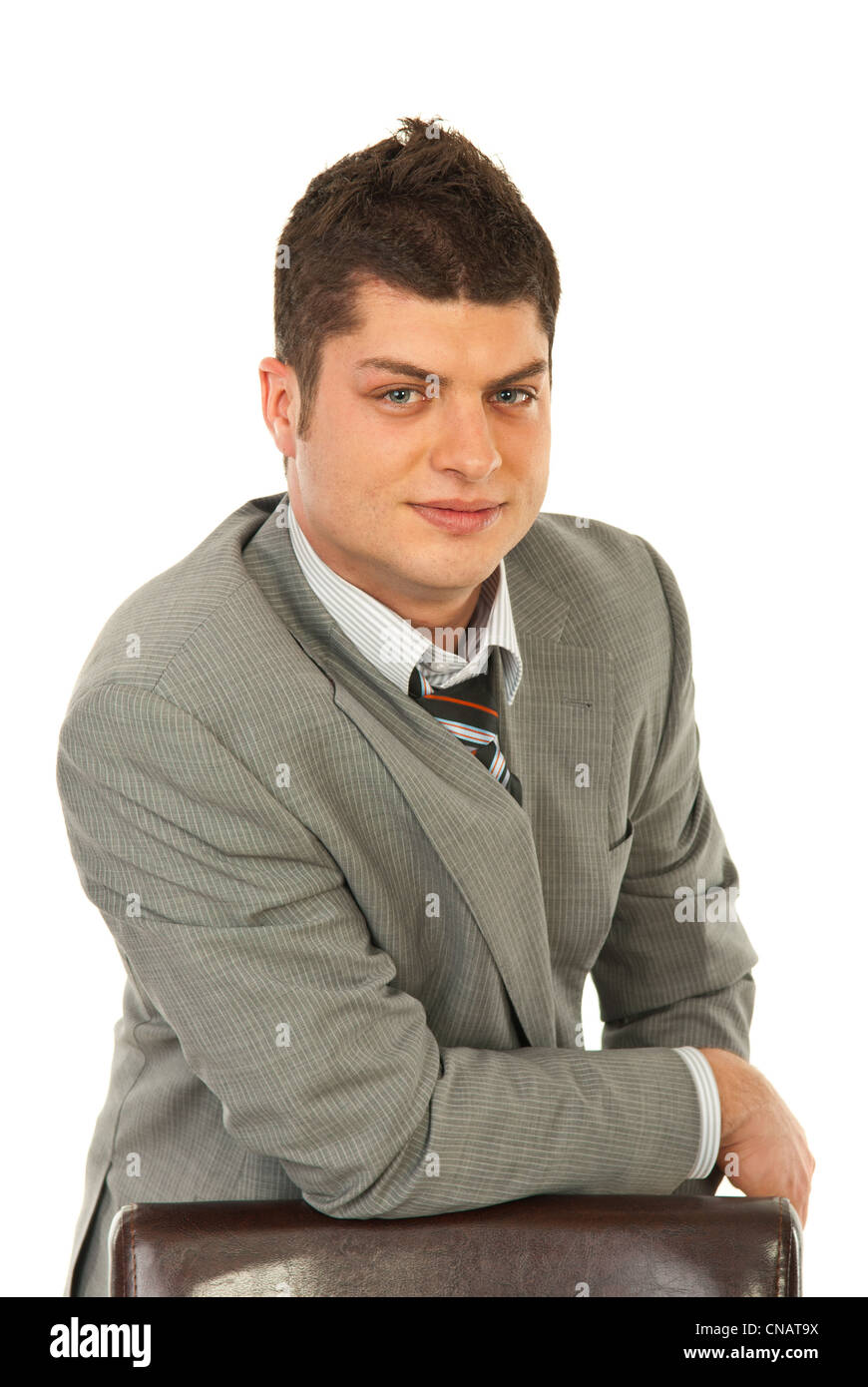 Beauty business man resting hand on seat chair isolated on white ...