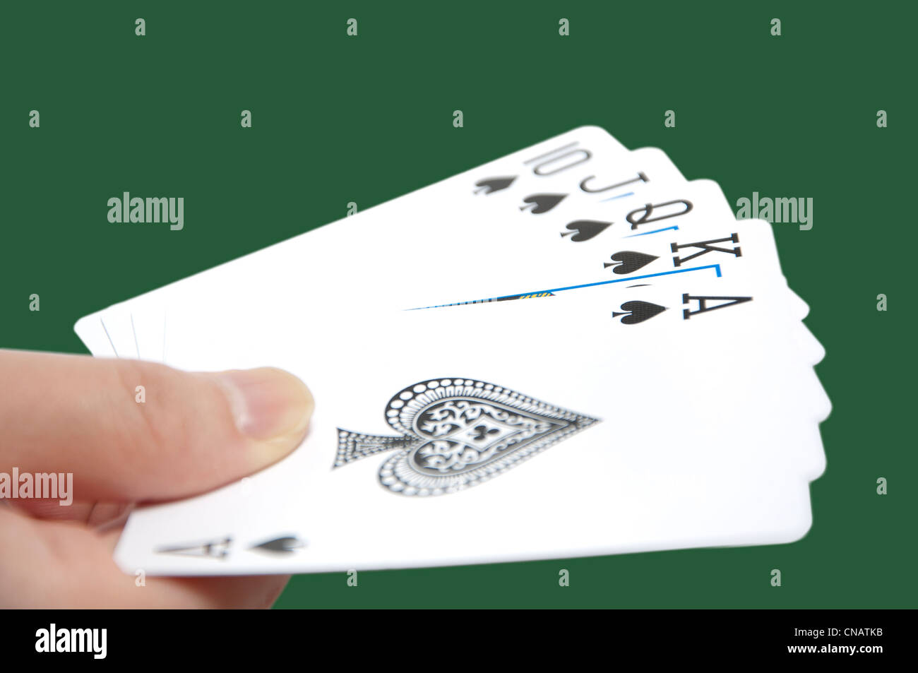 Royal Flush of clubs in hand Stock Photo - Alamy