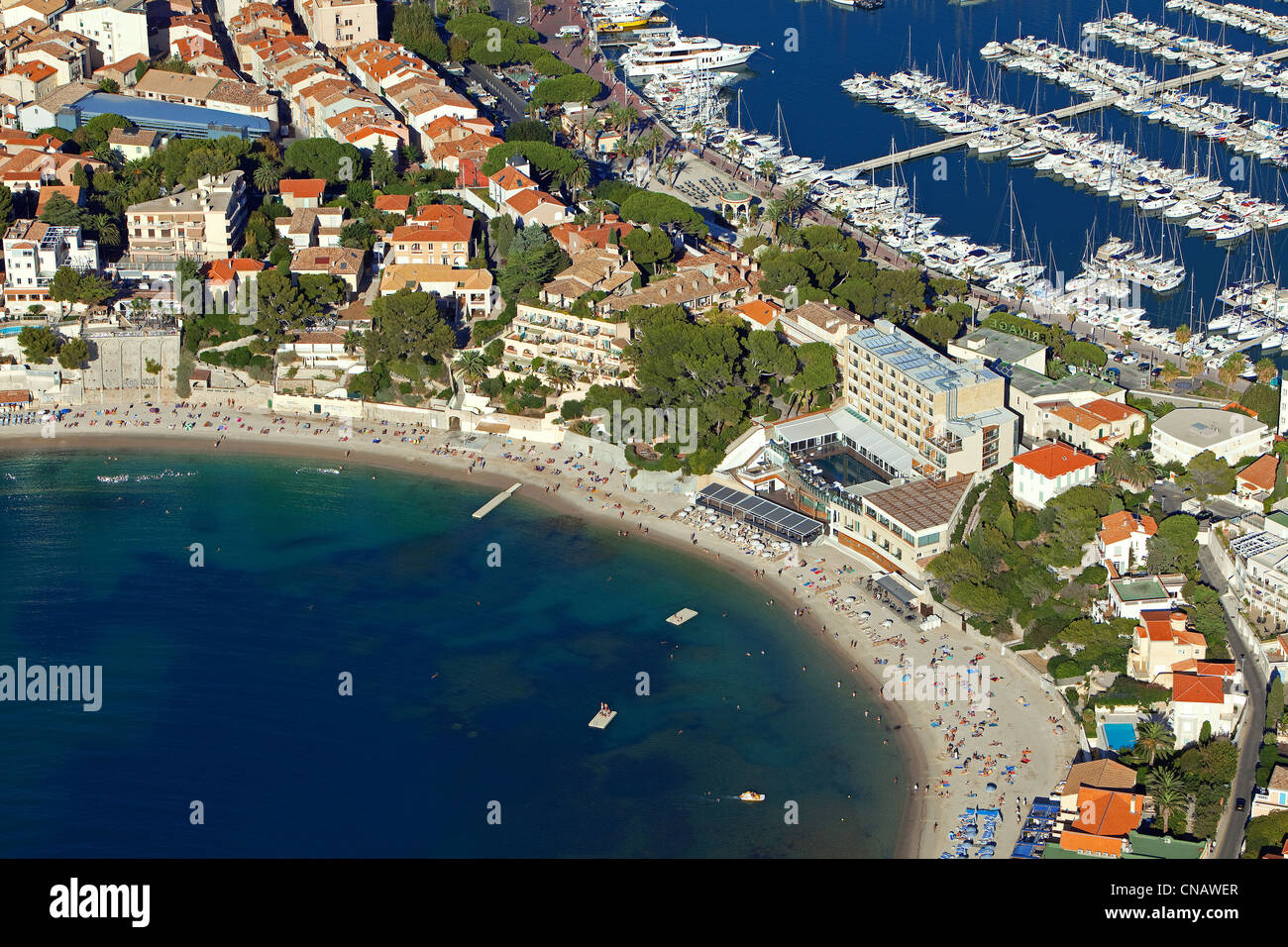 France, Var, Bandol, Renecros beach and the port (aerial view Stock ...