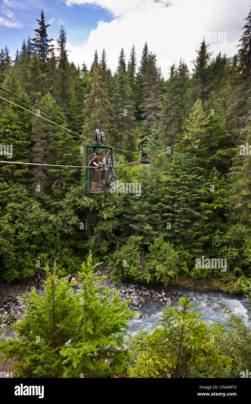 Mountain Bikers riding the hand tram over Winner Creek near Girdwood ...