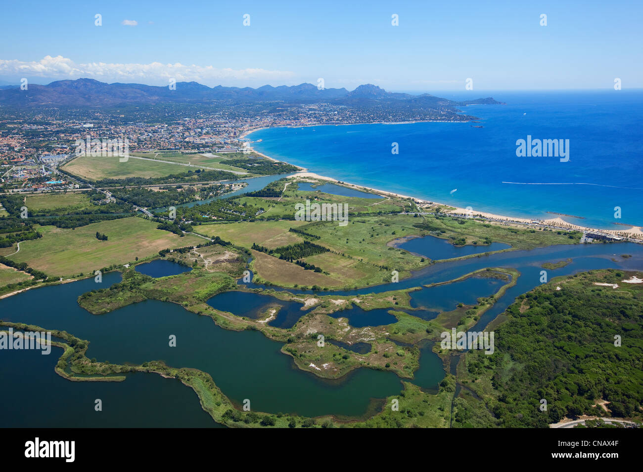 France, Var, Golfe de Frejus, Frejus, Saint Aygulf, pond and beach ...