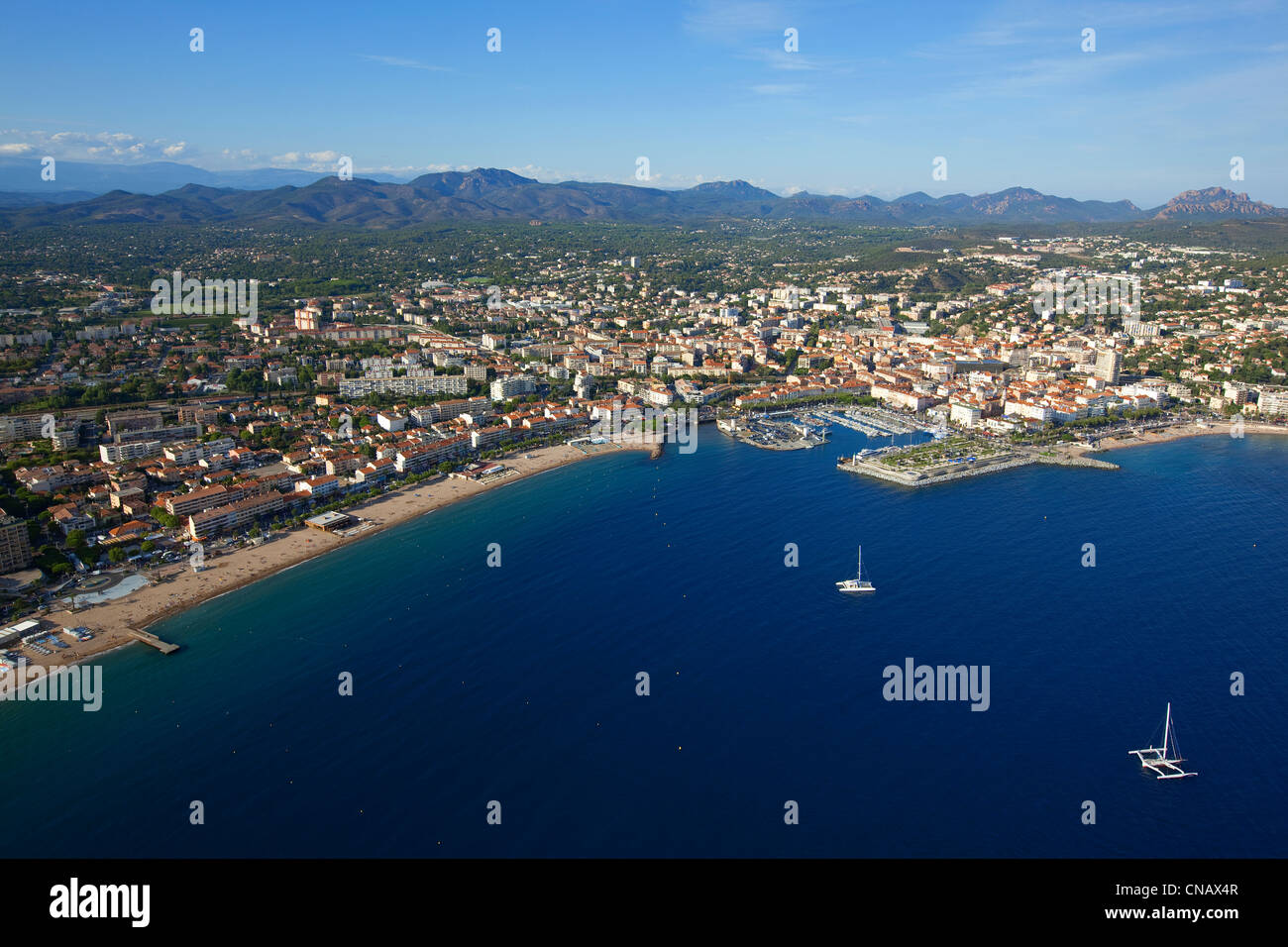 France, Var, Saint Raphael, old port, beach Frejus, Esterel Massif in ...