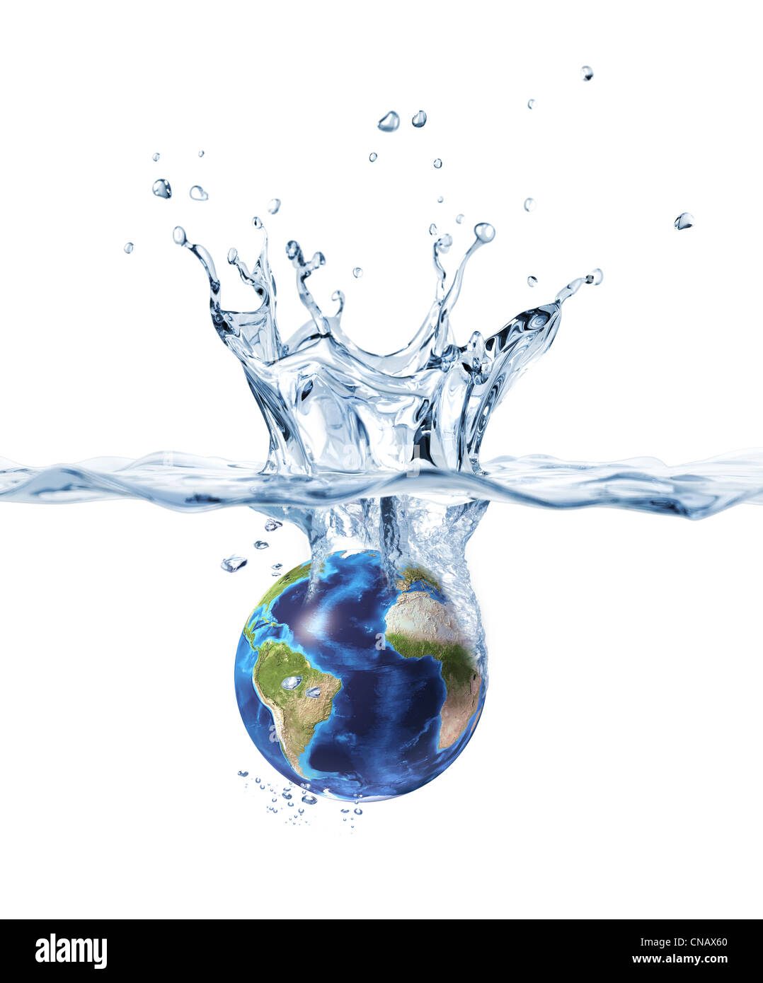 Planet Earth, falling into clear water, forming a crown splash Stock ...
