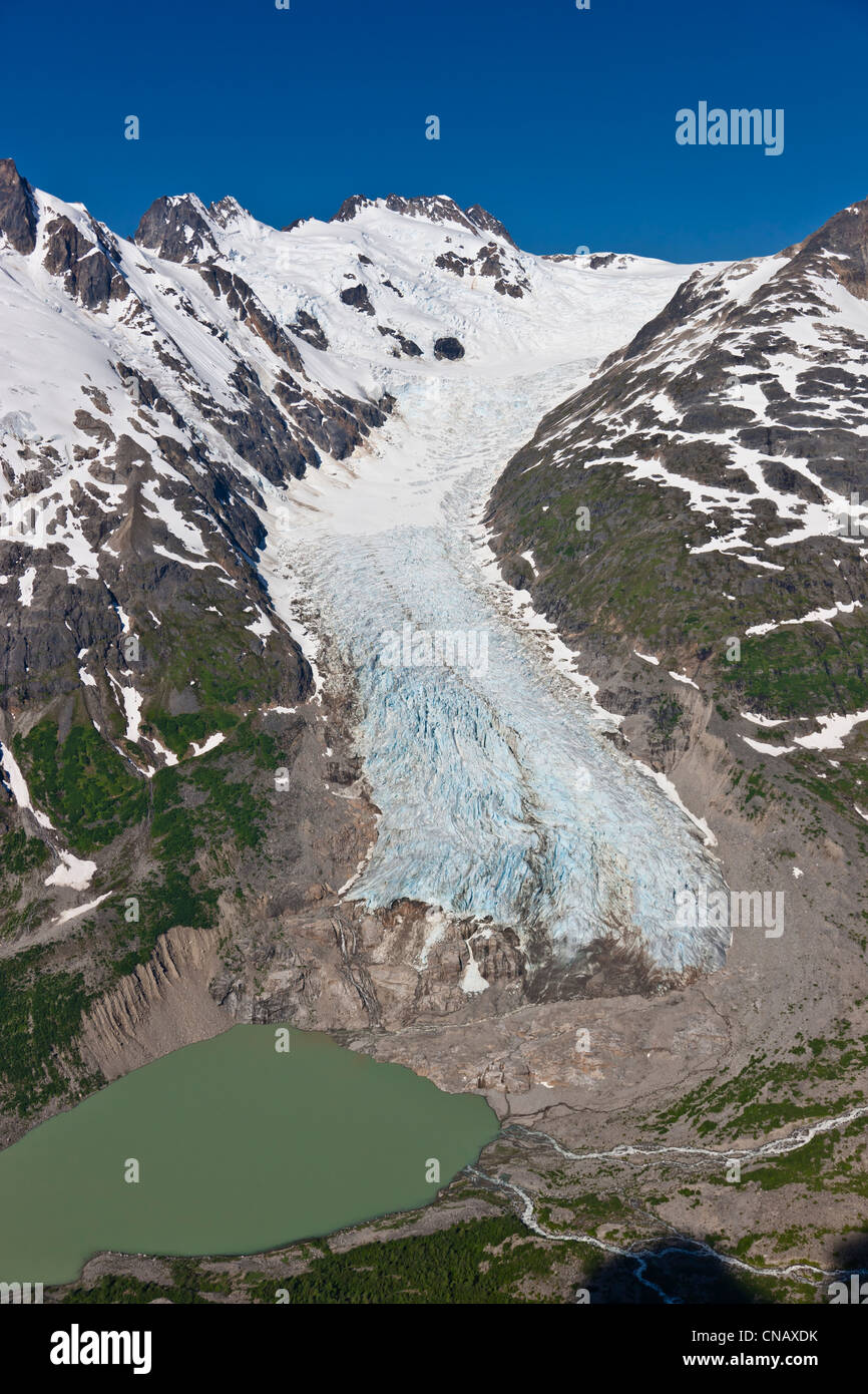 Aerial view of an unnamed glacier and headwaters of Nourse River in the ...
