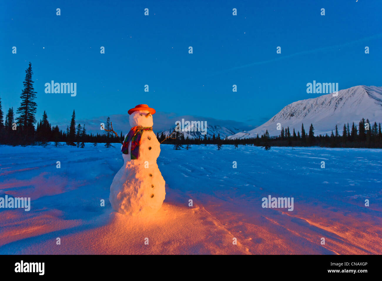 COMPOSITE, Snowman standing in a field at twilight, Winter, Broad Pass ...