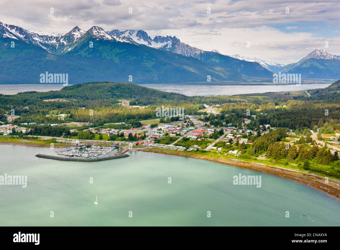 Aerial view of the city of Haines from above Chilkoot Inlet, Chilkat ...